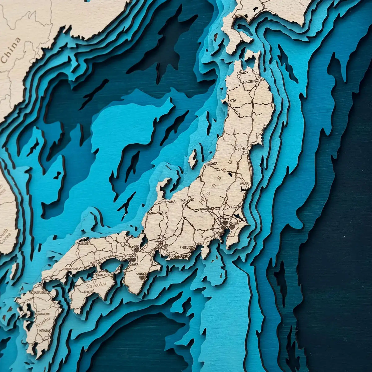 Japan 3D Wooden Map – Handcrafted Nautical Wall Art – Custom Wood Maps
